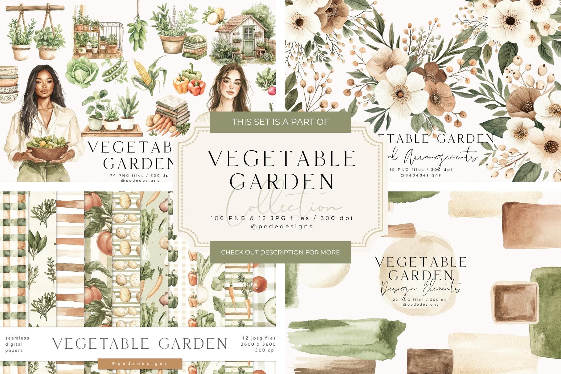 Vegetable Garden Watercolor Clipart – Cottage Vegetables, Herbs, Garden ...