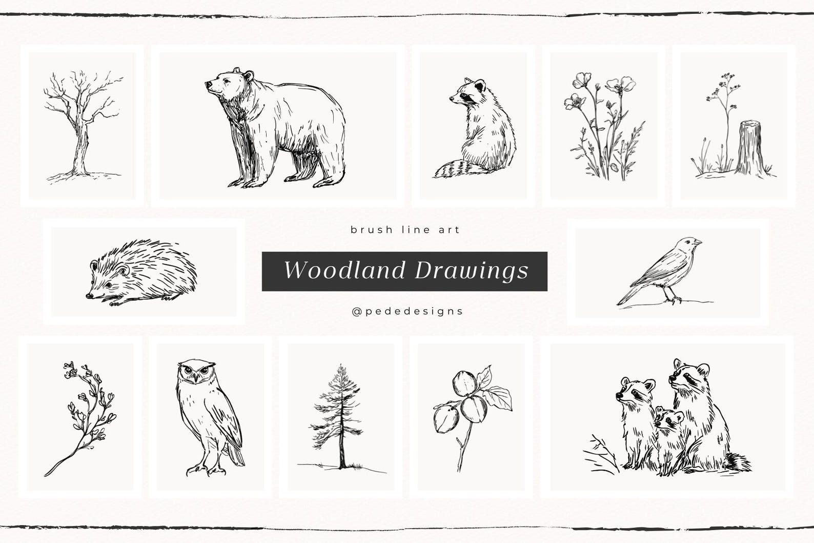 Woodland Drawings, Brush Line Art, Forest Clipart, Vector Files, Png ...