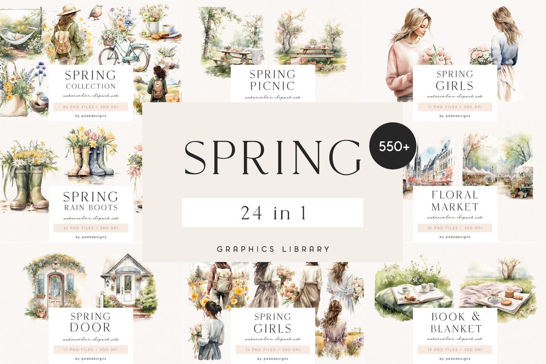 Spring Bundle, Clipart Library, Watercolor Illustrations, Seasonal ...