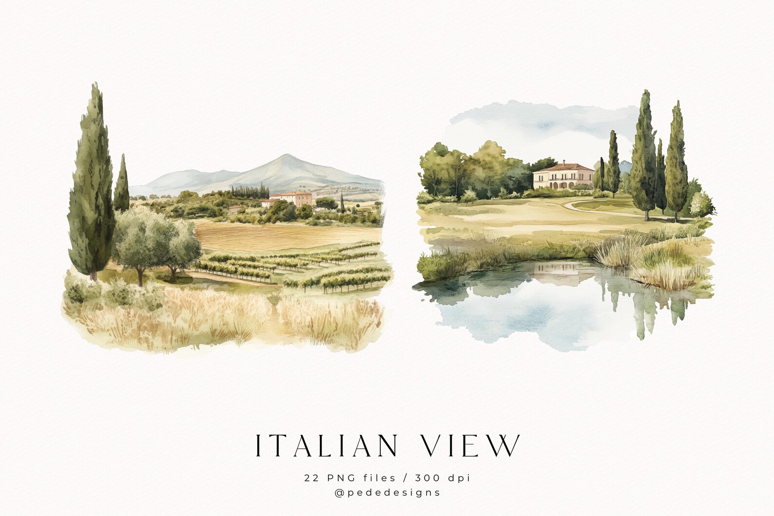 Watercolor Italian Coastal Clipart: Summer Travel Landscape (PNG ...