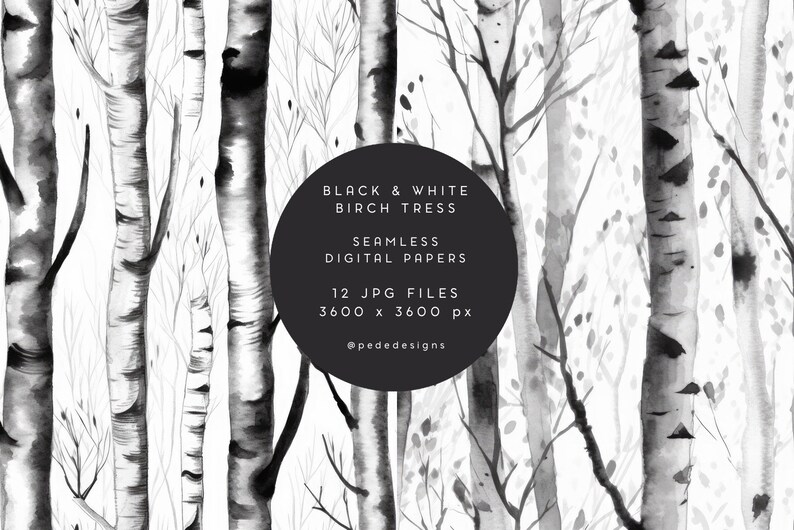 Watercolor Brich Trees Digital Paper, Black & White Watercolor Pattern ...