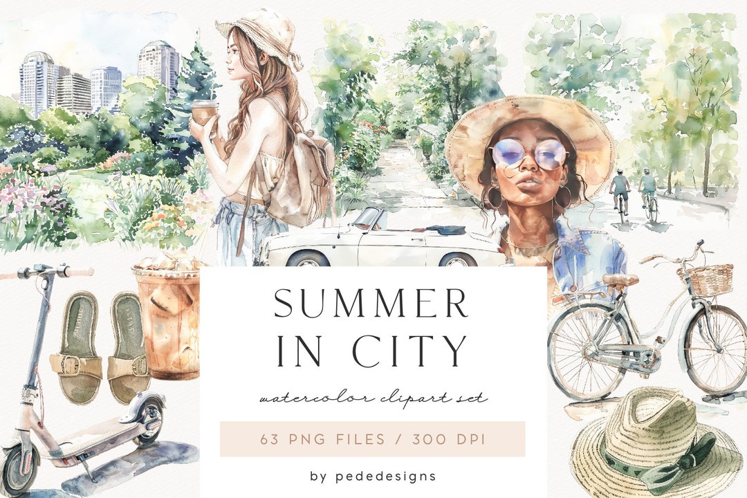 Summer in City, Watercolor Summer Clipart, Travel Graphics, Girl Png ...