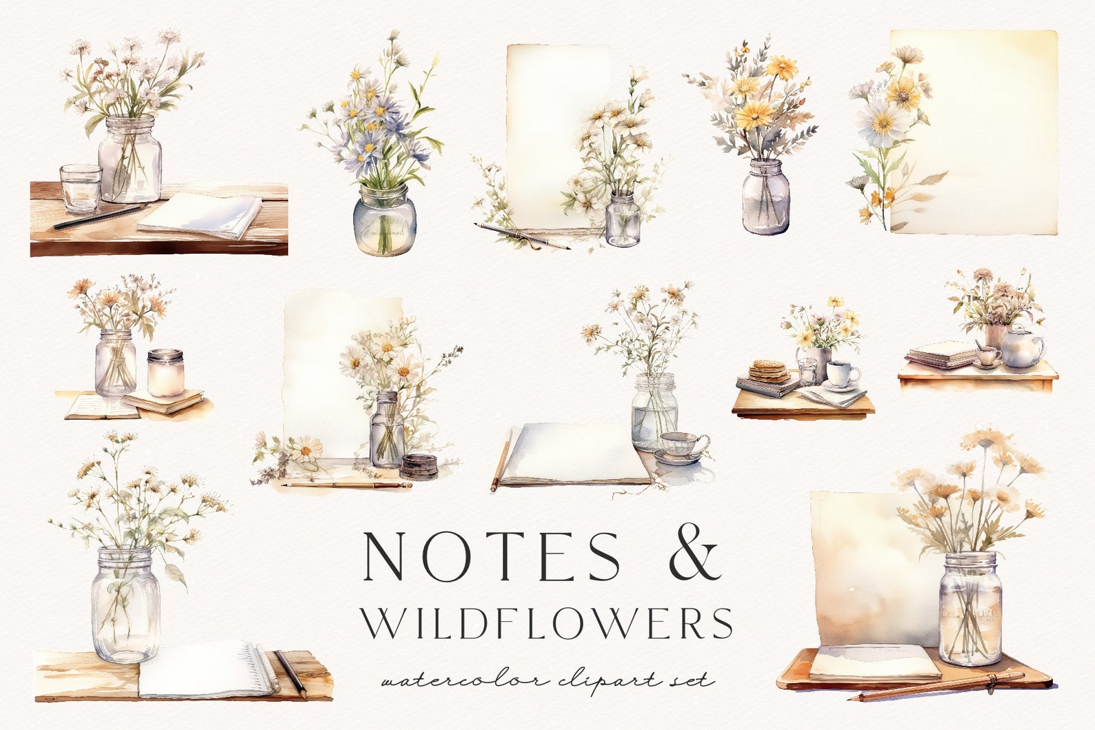 Notes & Wild Flowers, Watercolor Notebook Clipart, Floral Clipart ...