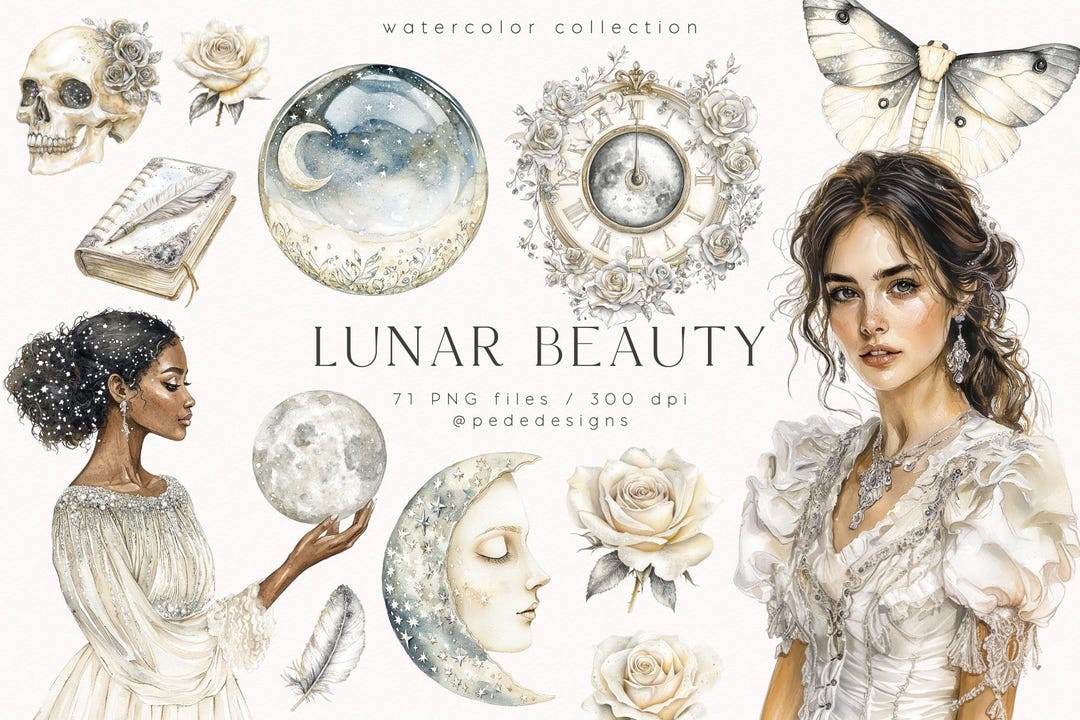 Lunar Beauty, Watercolor Clipart Set, Crescent Moon Clipart, Moon ...