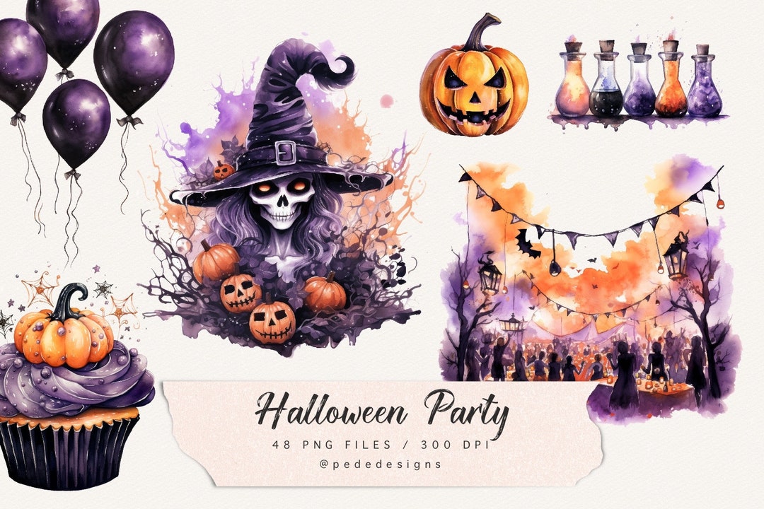 Halloween Party Clip Art, Watercolor Halloween Clipart, Spooky Clip Art ...