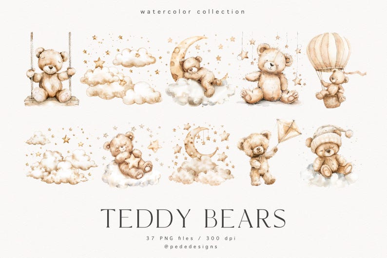 Teddy Bears Clip Art Set, Watercolor Clipart, Plush Animals, Nursery ...