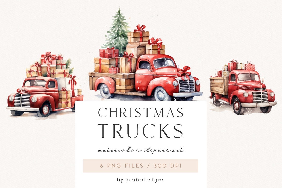 Christmas Trucks Clipart, Watercolor Christmas, Winter Clipart, Red ...