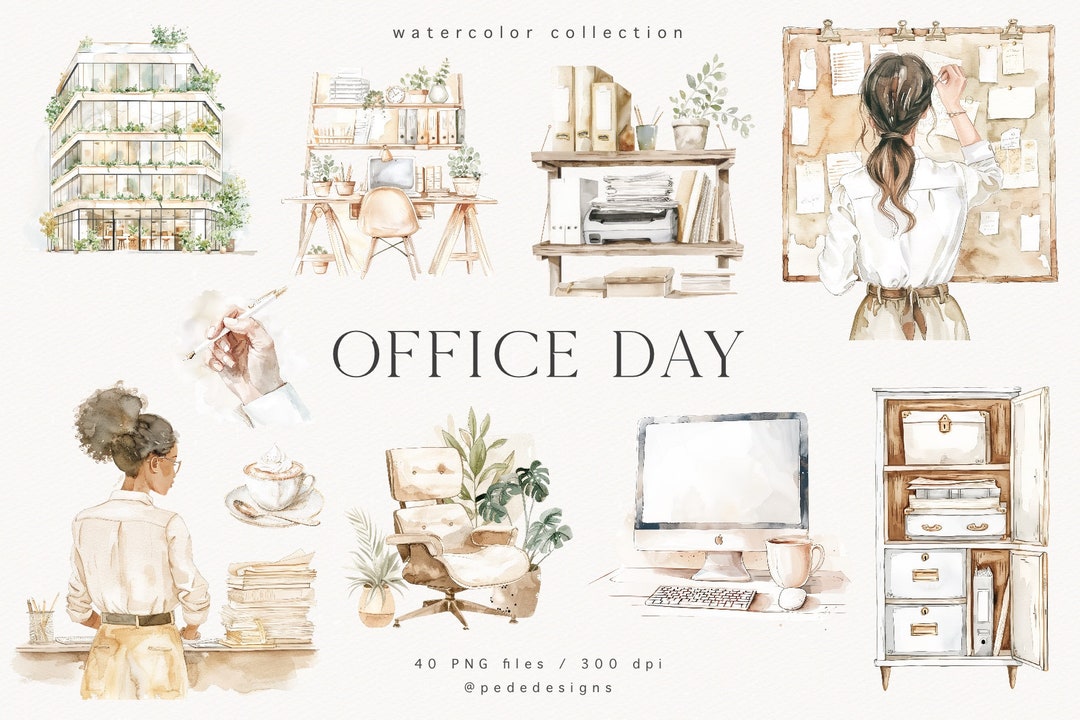 Office Day Clipart Set, Watercolor Collection, Watercolor Business ...