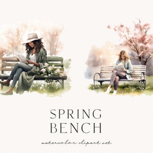 Spring Bench, Watercolor Girl Clipart, Spring Clipart, Free Time, Cozy ...