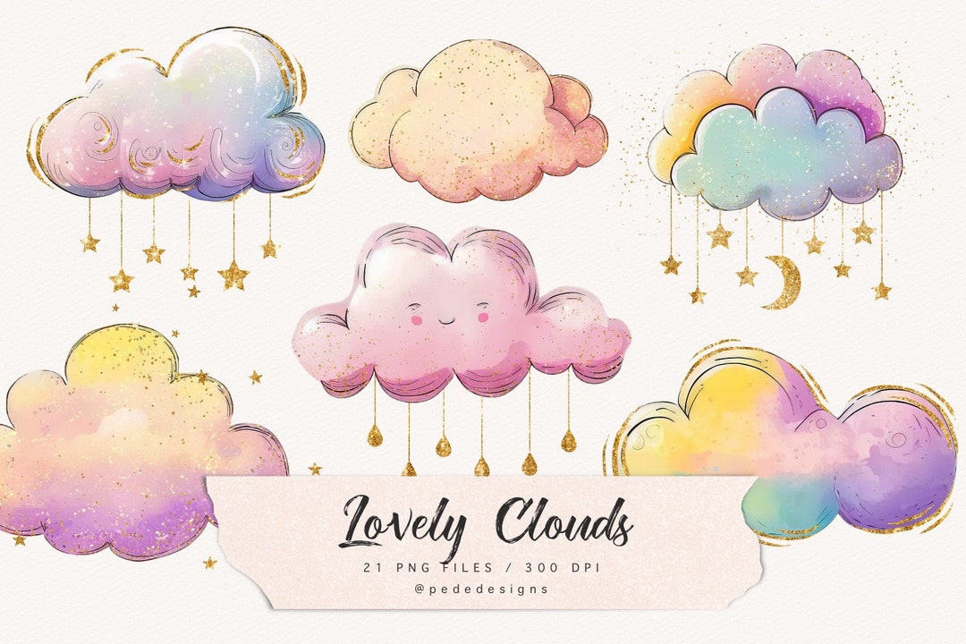 Lovely Clouds Clipart, Clouds With Stars, Glitter Clipart, Moon, Sparkle Texture, Magical ...