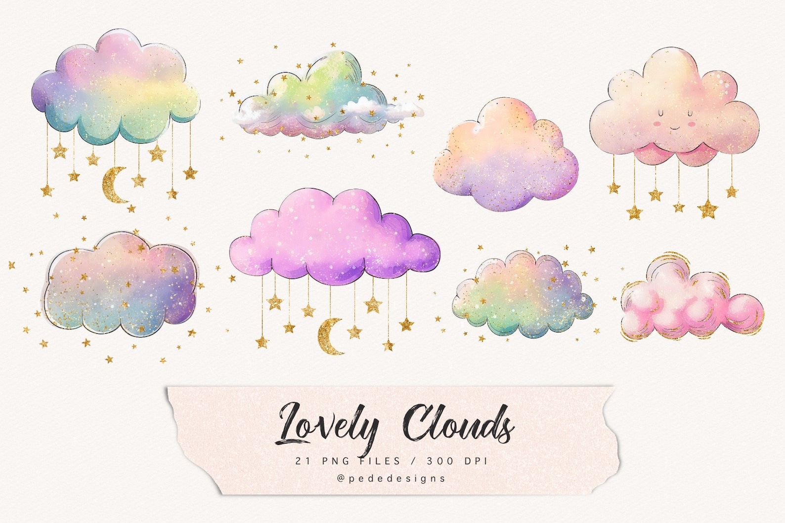 Lovely Clouds Clipart, Clouds With Stars, Glitter Clipart, Moon ...