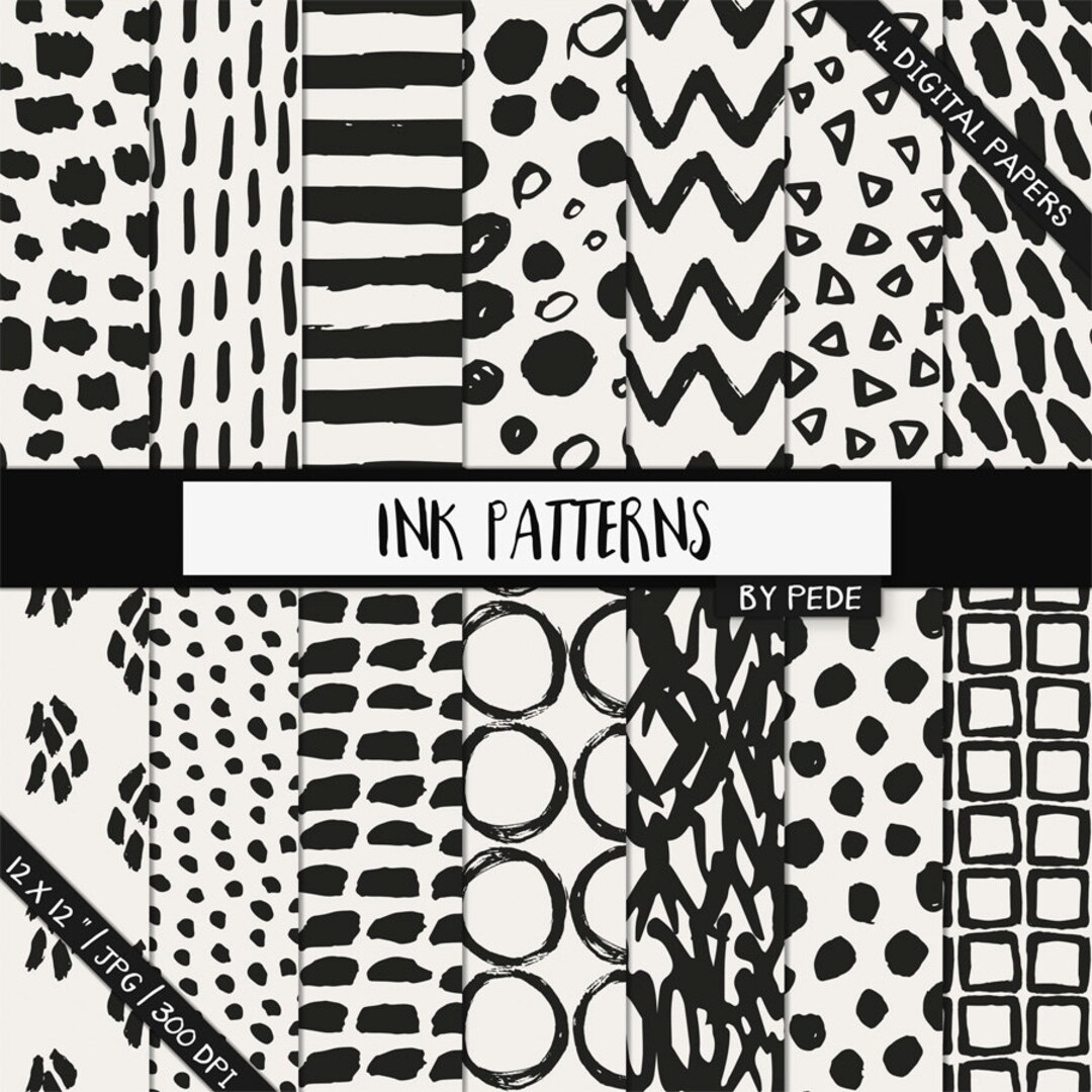 Black and White Digital Papers, Brush Marks Digital Paper, Ink Patterns ...
