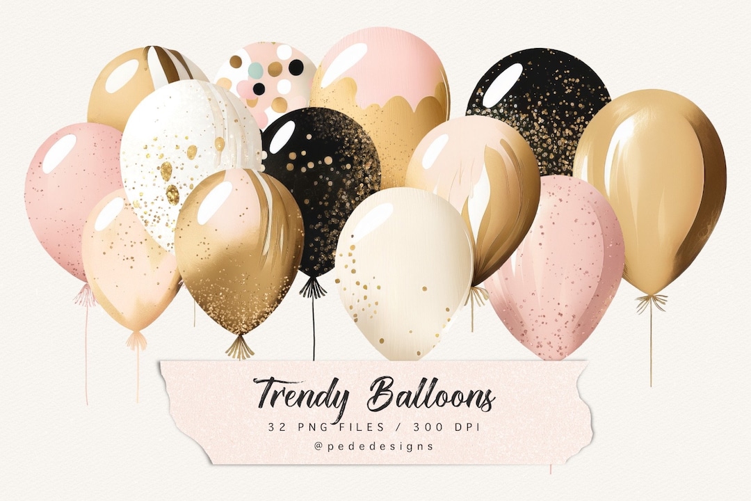 Trendy Balloons Clipart Set | Pink, Gold & Black Party Decor - Etsy
