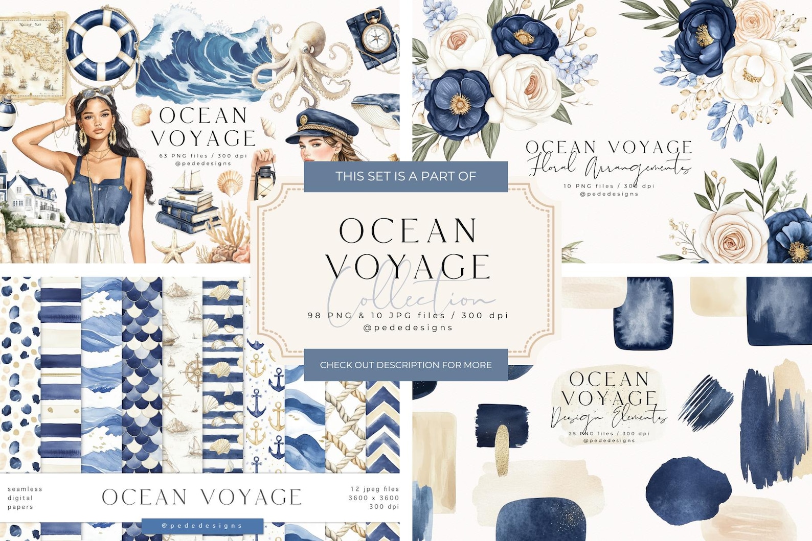 Watercolor Nautical Clipart: Ocean Voyage Graphics (PNG Download) - Etsy
