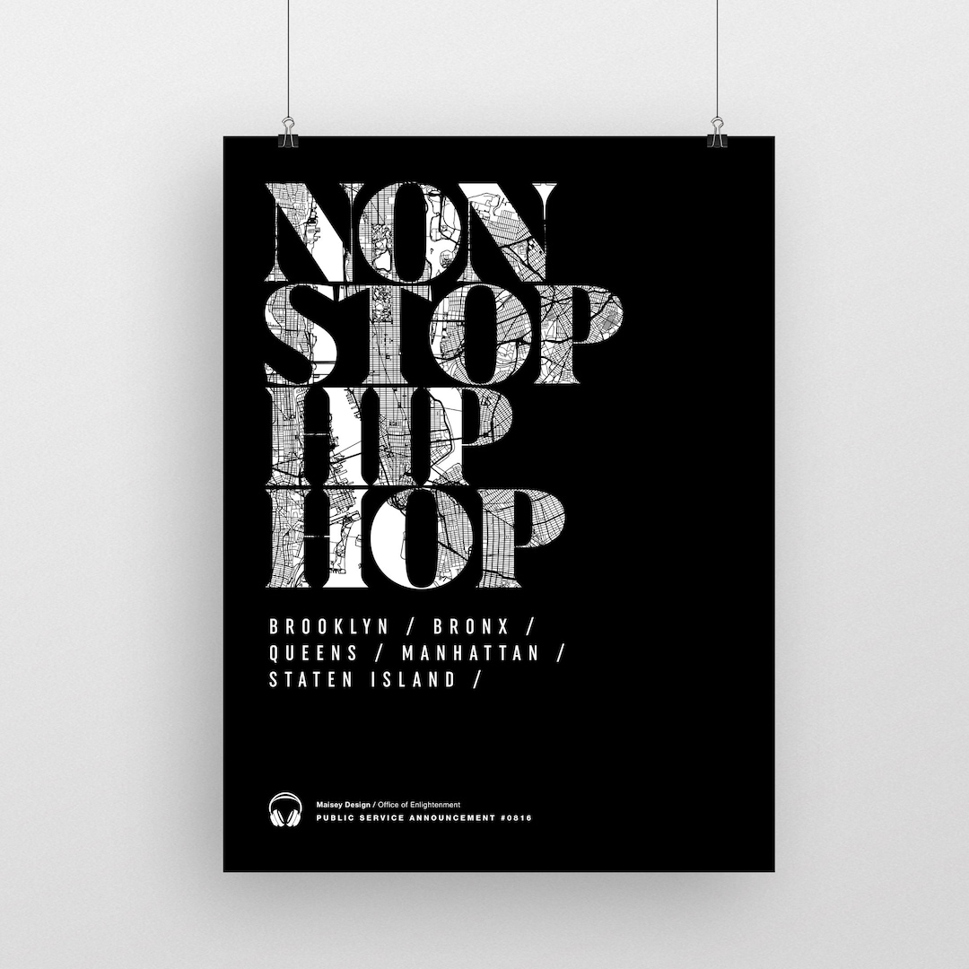 Non Stop Hip Hop NYC Map Poster, Rap, R&B, Music, Helvetica ...