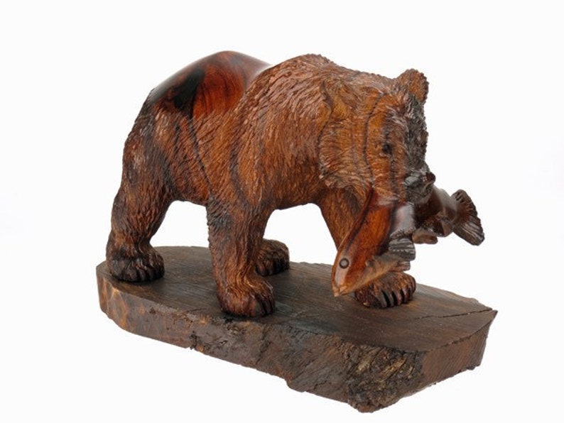 Desert Ironwood Detailed Grizzly Bear With Fish on Base Carving - Etsy