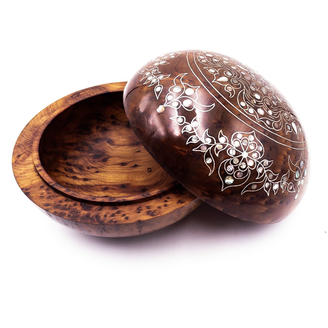 Thuya Burl Extra Large Round Box With Mother of Pearl Inlay, 8 1/4" D X ...
