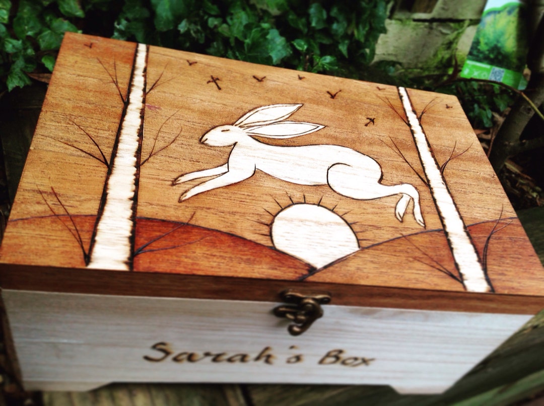 Personalized Wood Keepsake Box: Pyrography Leaping Hare Design - Etsy