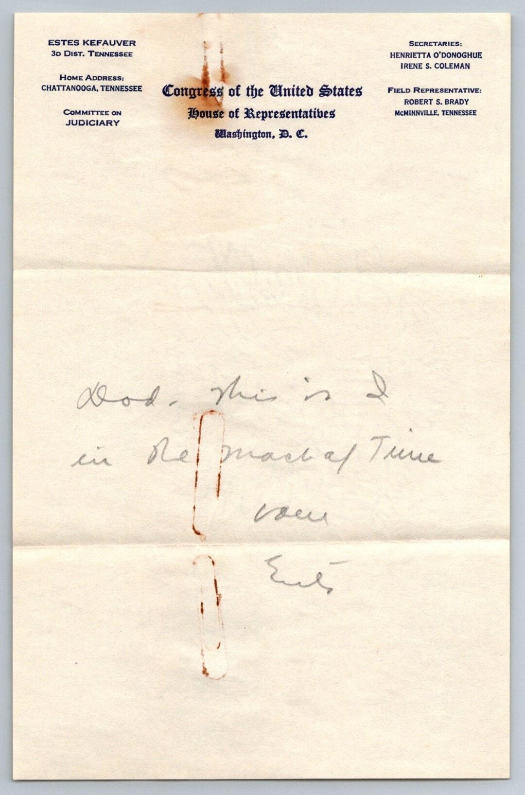 Estes Kefauver Photo Negative 1945 Signed Hand Wrote Note Congress ...
