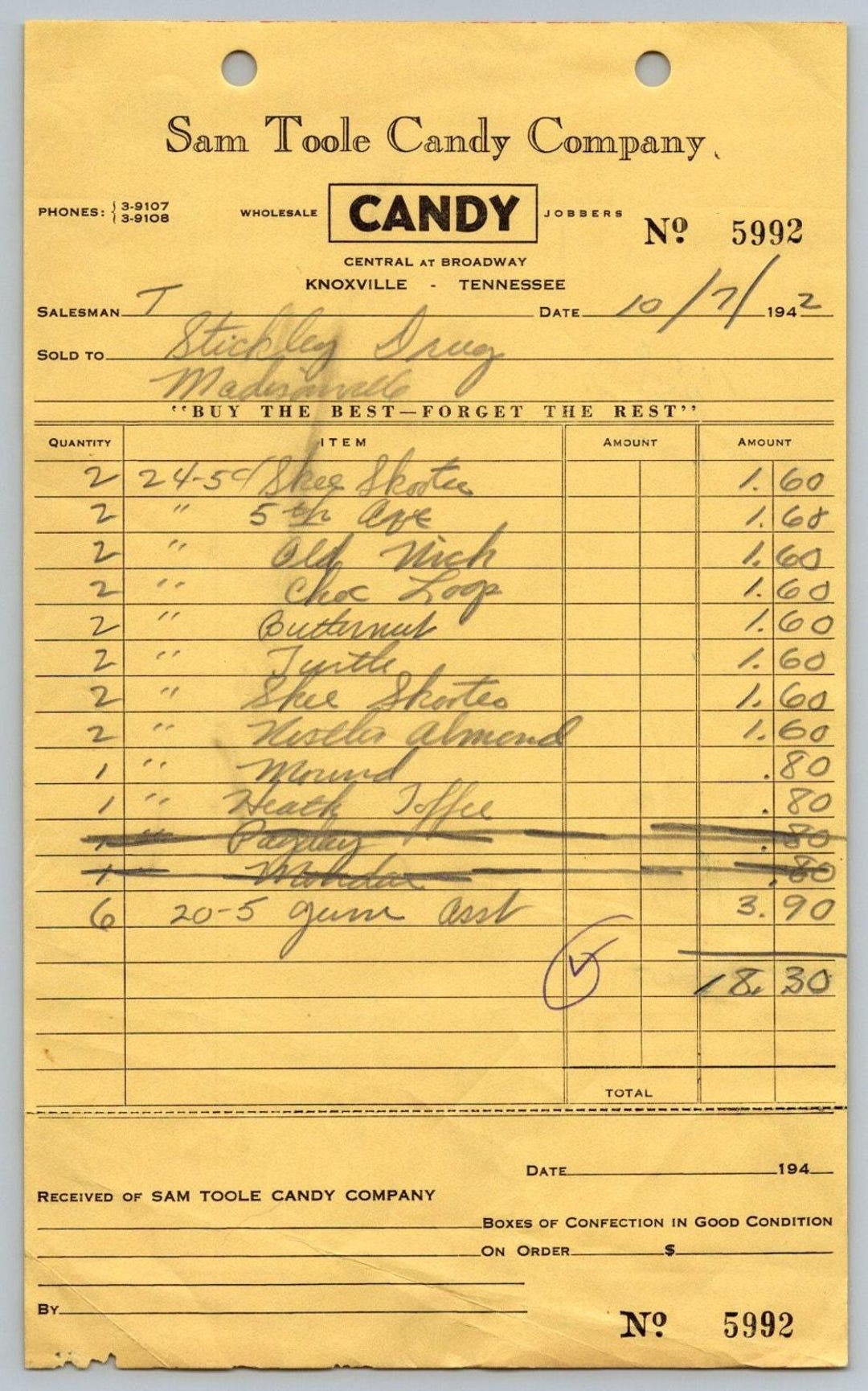 1942 Sam Toole Candy Company Invoice Knoxville TN Vintage Ephemera ...