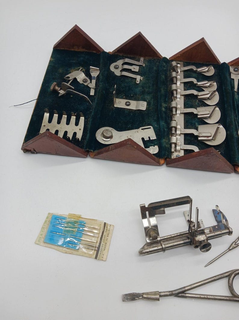 Antique Singer Wooden Folding Puzzle Box and Sewing Machine Attachments ...