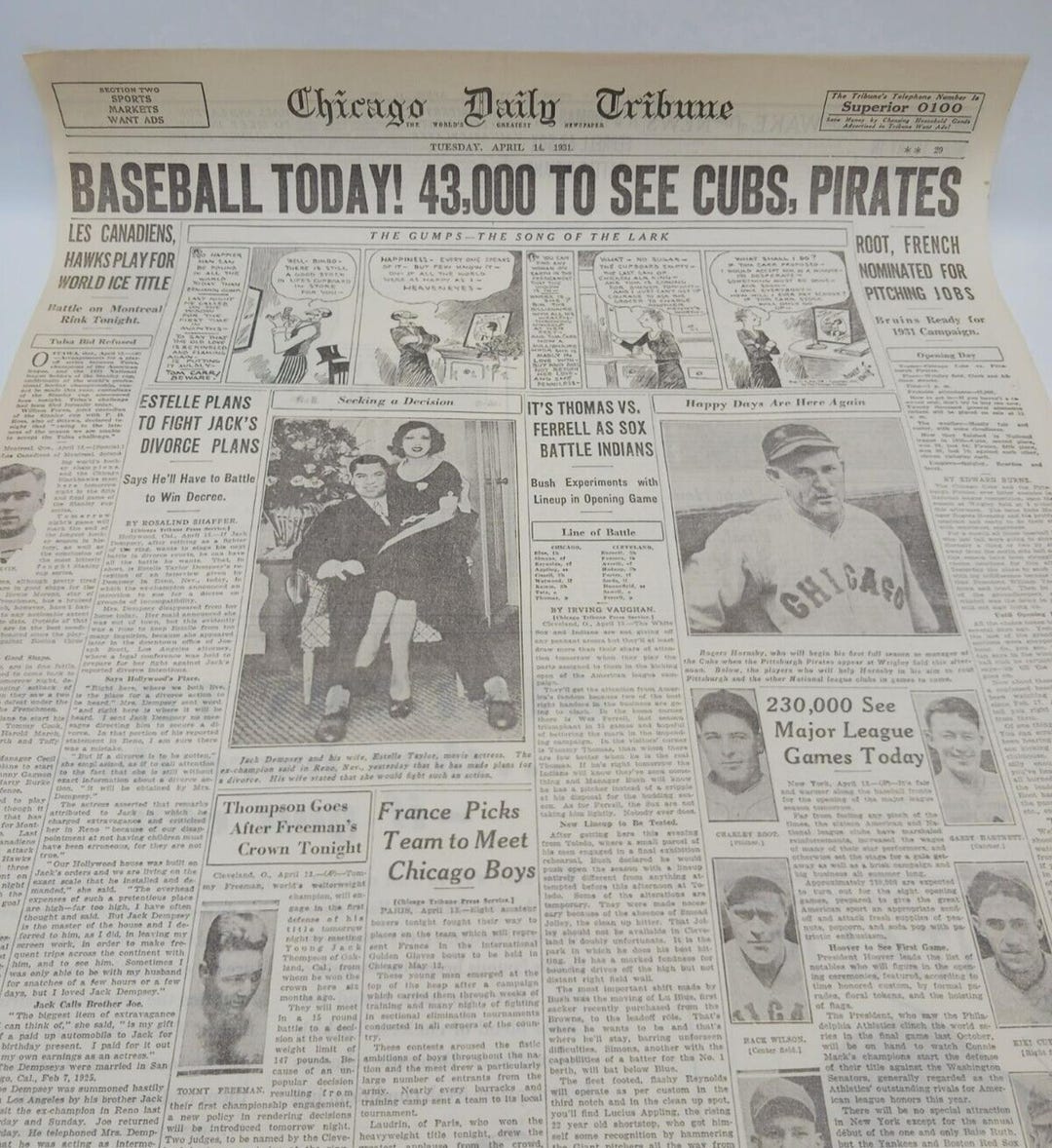 1931 Chicago Tribune Jack Dempsey & Wife Rogers Hornsby Baseball Cubs ...