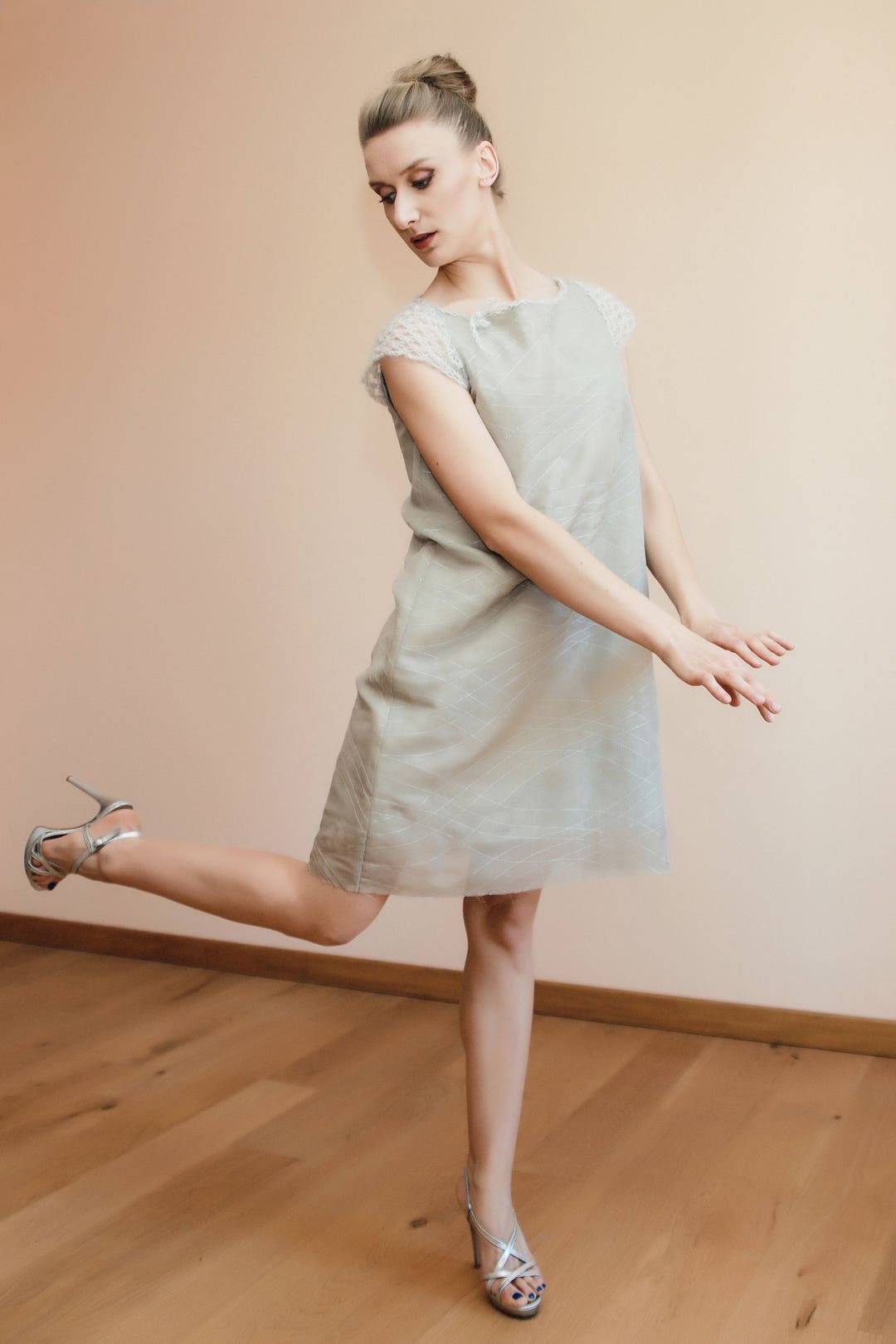 Short Gray Silk Formal Dress Trapeze Gown With Crochet - Etsy