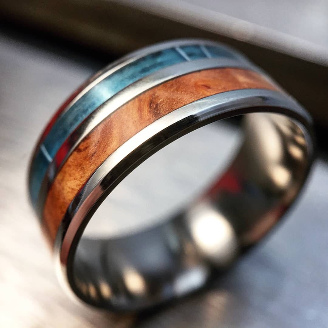 Double Inlay Wood Ring, Mens Wooden Wedding Band, Unique Eucalyptus ...