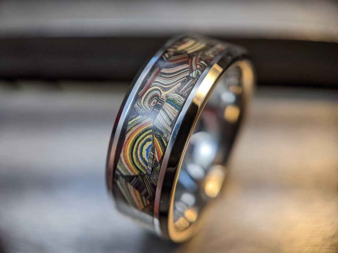 Chunky Fordite Ring, Large Chunks, Varying Colors, Tungsten Core, Mens ...