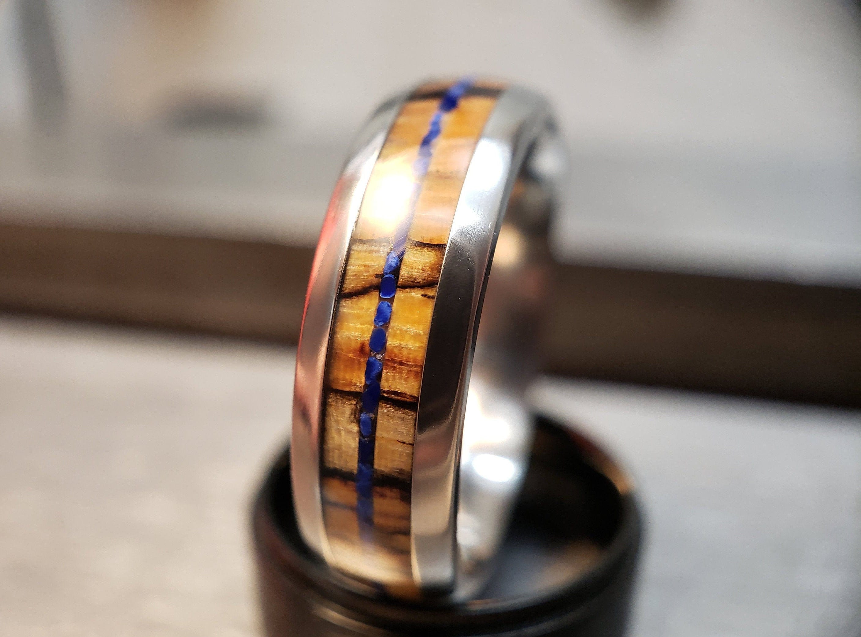 Spalted Tamarind With Blue Lapis Stone Inlay, Custom Wedding Band, Wood ...