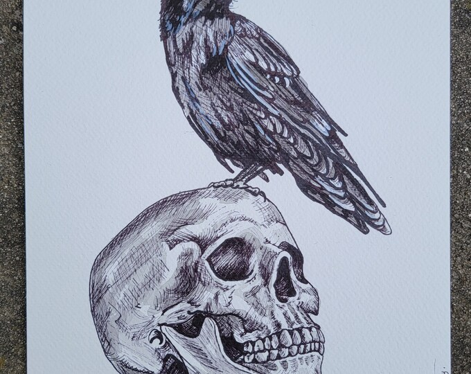 Original Art Hand Drawn Skull Crow Halloween Art better Photo Coming ...