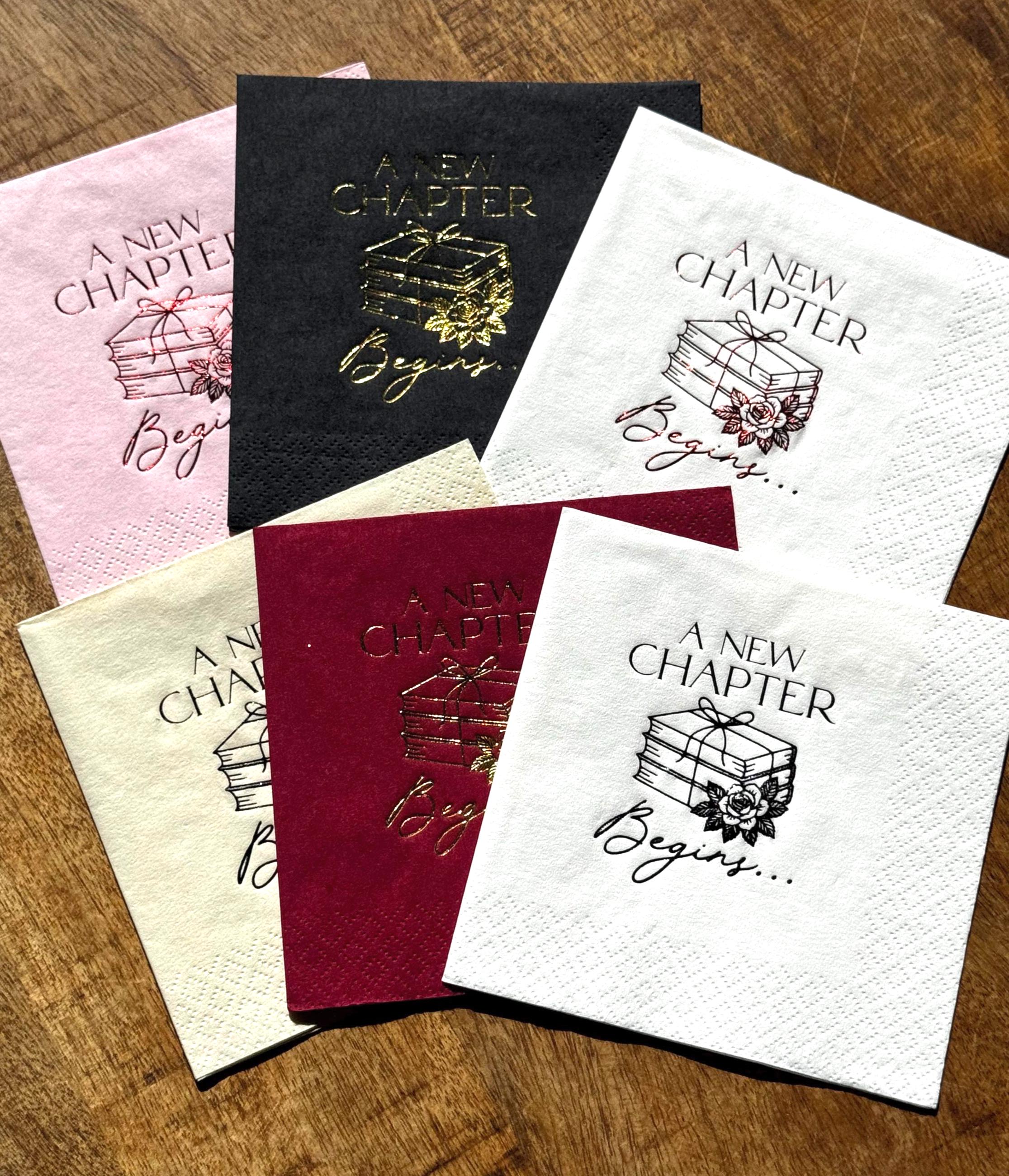 A New Chapter Begins: Book Themed Cocktail Napkins - Foil Stamped - Set ...