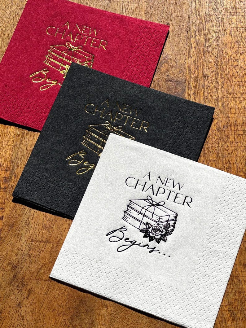 A New Chapter Begins: Book Themed Cocktail Napkins - Foil Stamped - Set ...