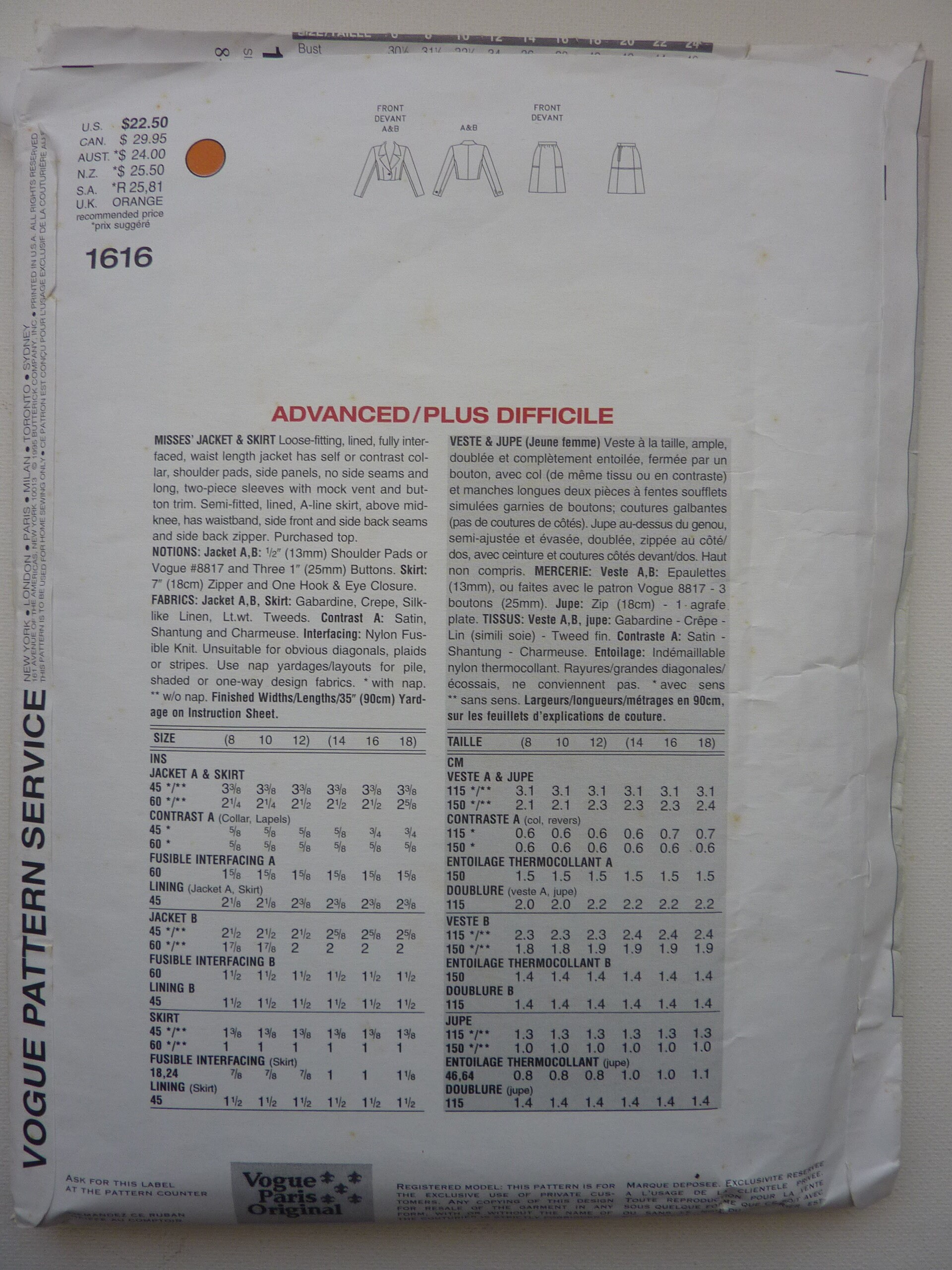 YSL Vogue Paris Original Sewing Pattern 1616 / Size 8, 10, 12 / Misses ...