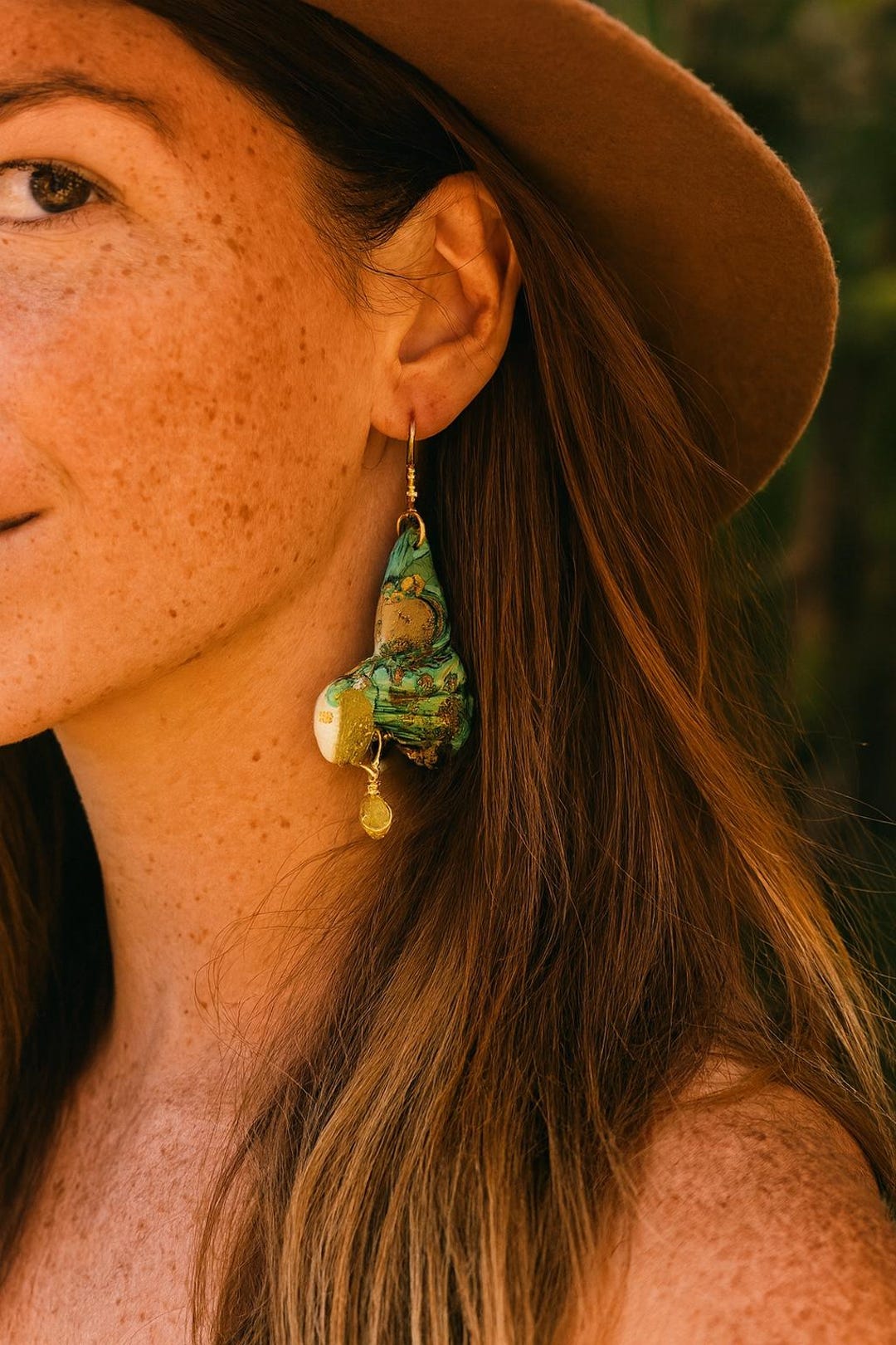 Handmade Abstract Polymer Clay Earrings – Green, Gold Leaf, Natural ...