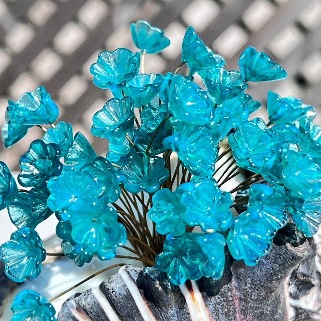 14pc Vintage Transparent Turquoise Glass Flower,headpins-glass Headpins ...