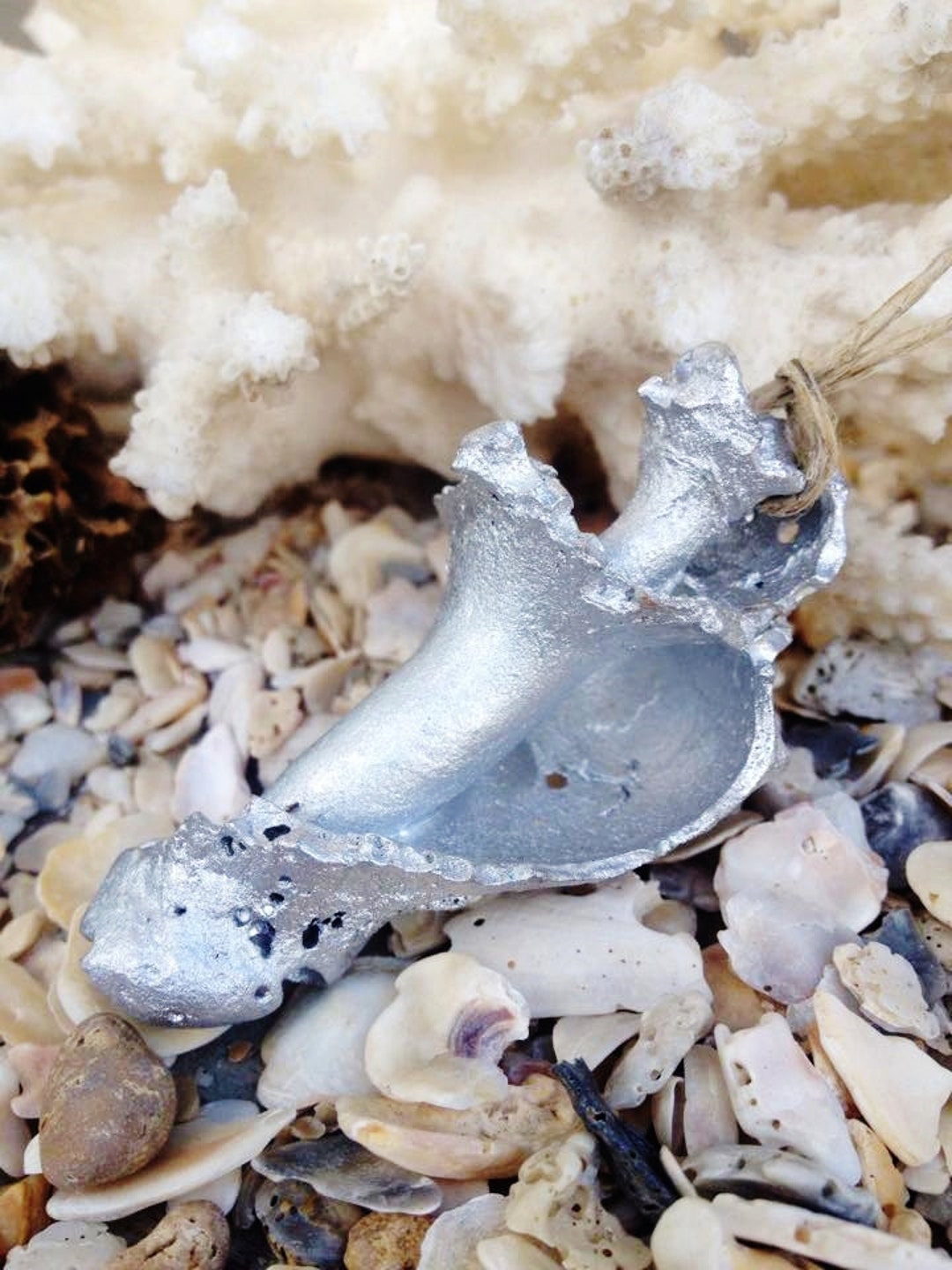 Hand Painted in Silver- Fossilized Sea Shell Pendant- Shell Centerpiece ...