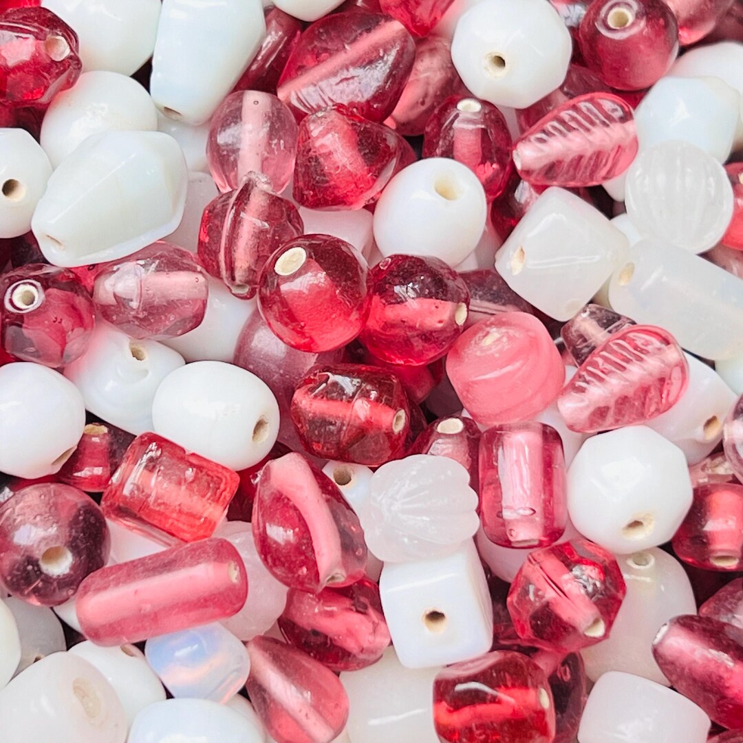 50grams Vintage Random Mixed Shape Pink,white Small Glass Beads/ Glass ...