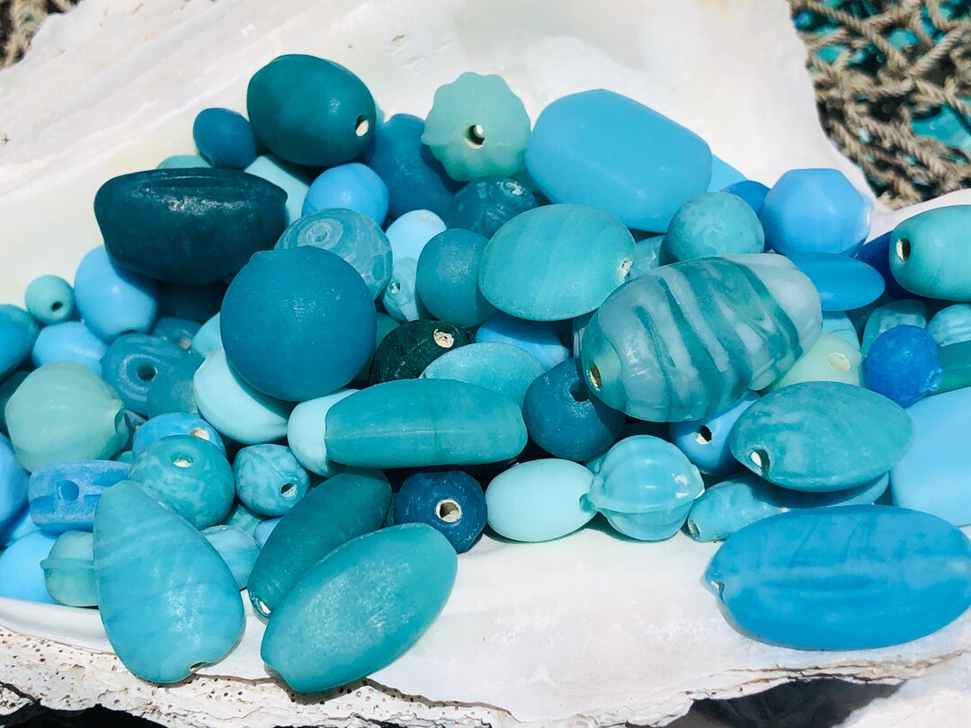 Vintage 50pcs Mixed up Matte Sea Blue Beads/ Mix Glass Beads. {P1-1566 ...