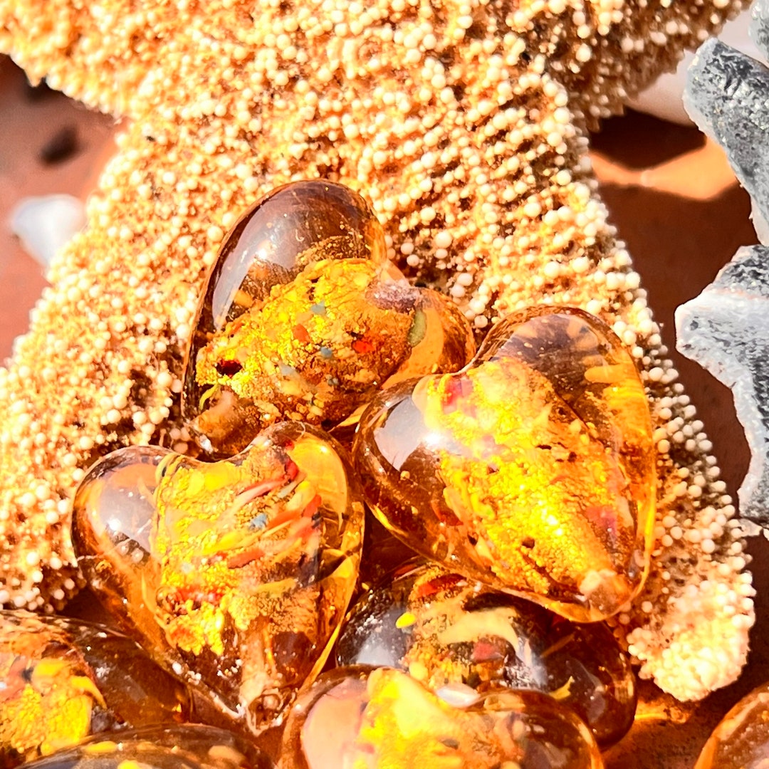 10pc Gorgeous Large Hand Worked Gold Glass Heart Beads /murano Glass ...