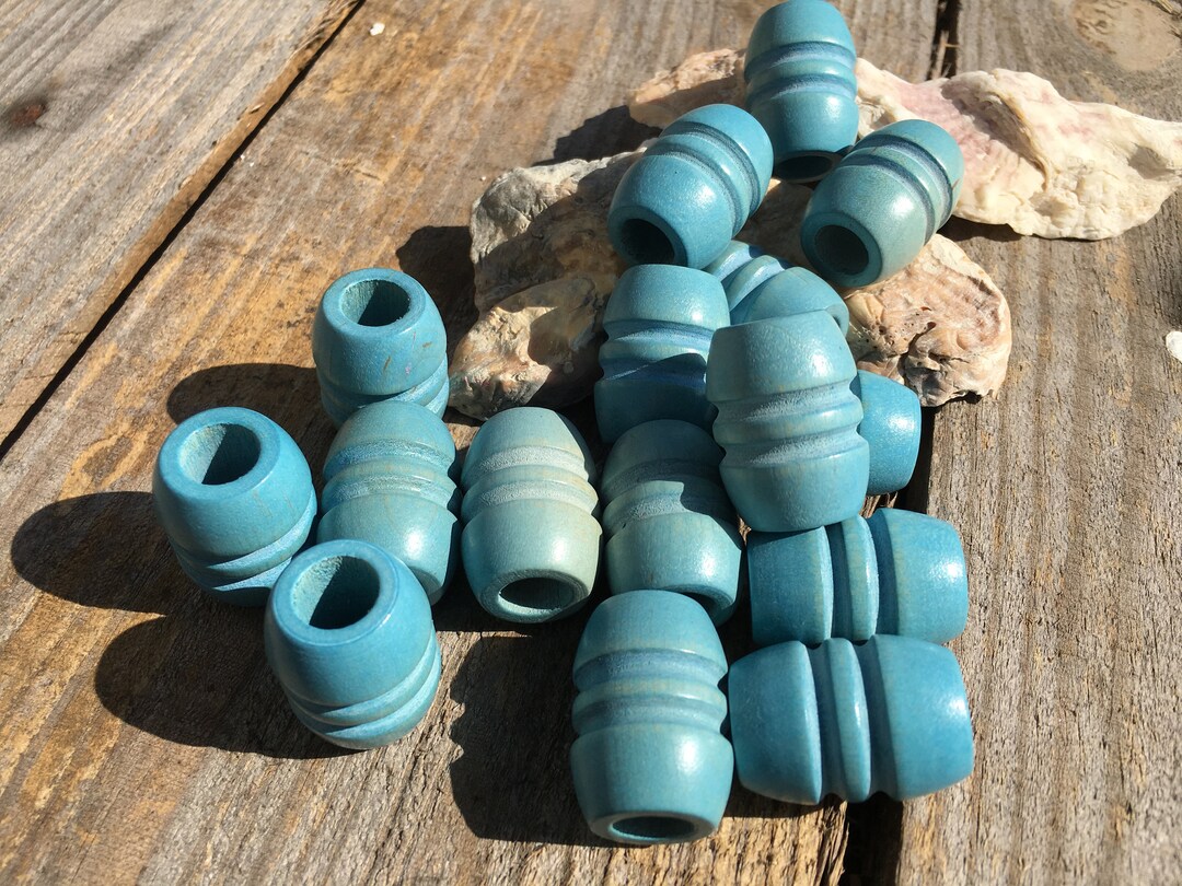 1970's / 8pc LARGE Blue Macrame Wood Beads / Oval Grooved Macramé Beads ...