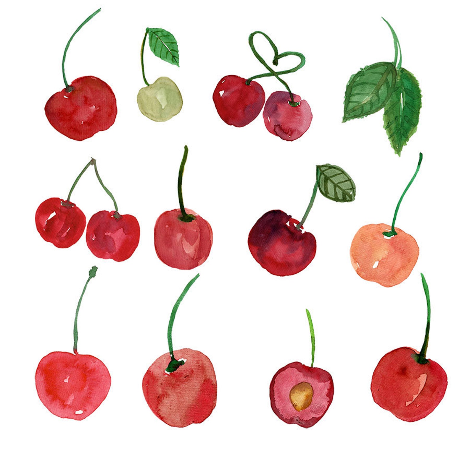 Cherries Watercolor Clipart, Cherry Clipart, Fruit Clipart, Kitchen ...