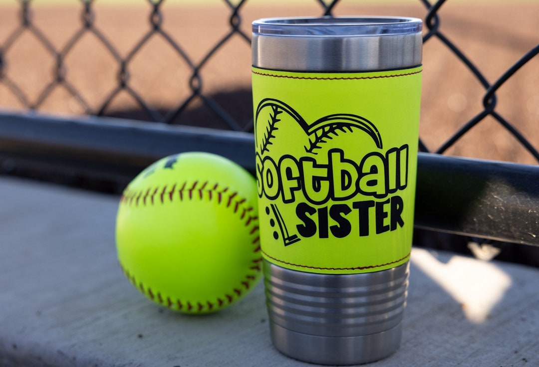 Softball Leather Tumbler With Slider Lid, Laser Engraved Travel Mugs ...