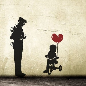 Wall Decal BANKSY TRICYCLE COP, Police Guard and Ballon Girl, Street ...