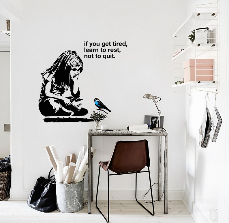 Banksy Blue Bird Girl Quote Decal, Graffiti Saying Wall Decal Girl With ...