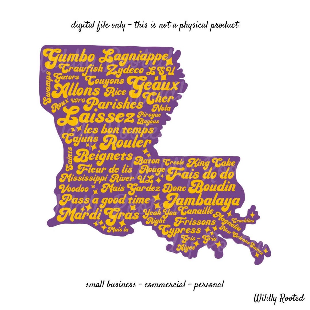 Cajun Inspired Louisiana Words Map Outline Digital Download, PNG Files ...