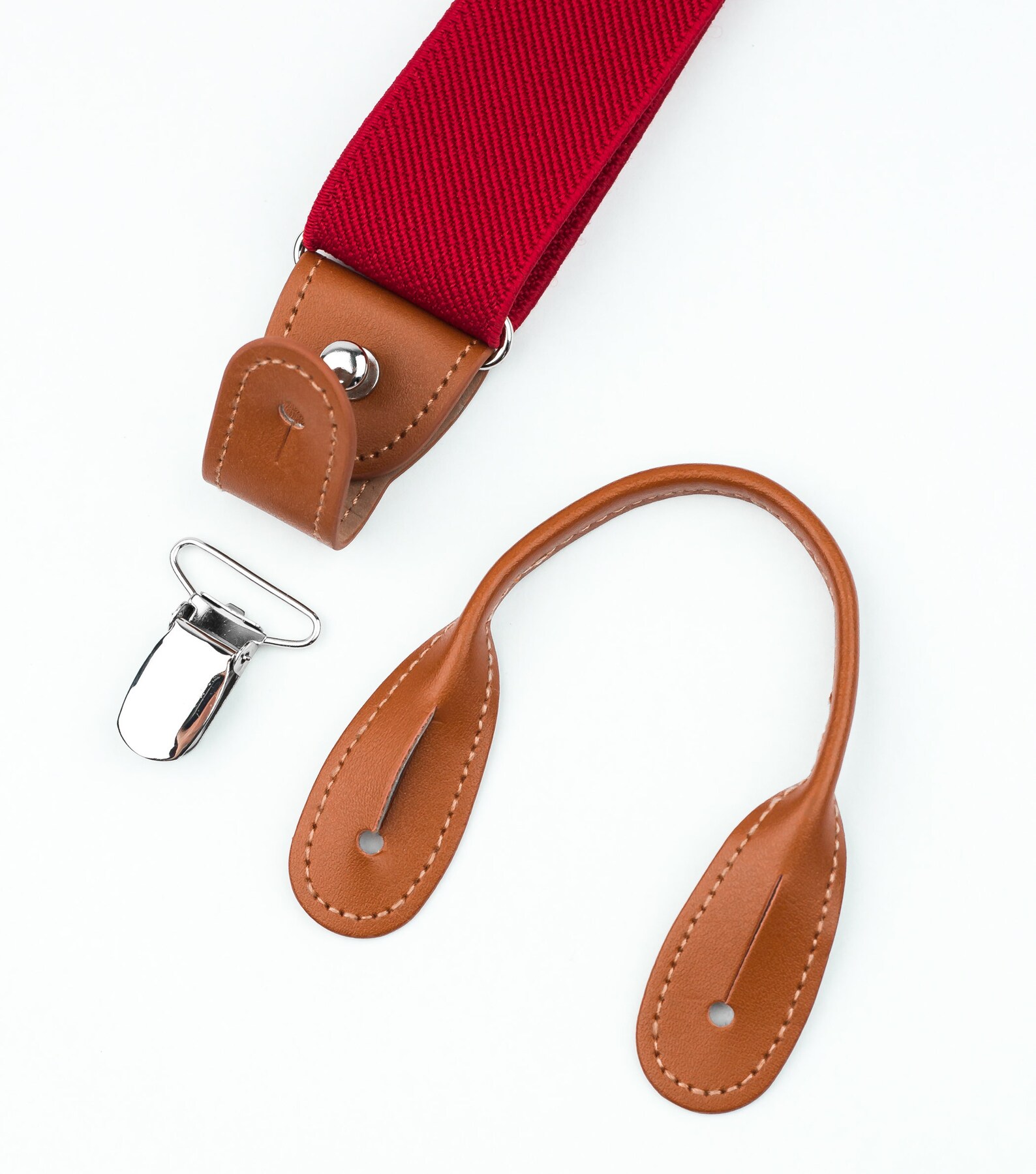 Red Suspenders for Men Brown Leather Button Tab and Clip | Etsy