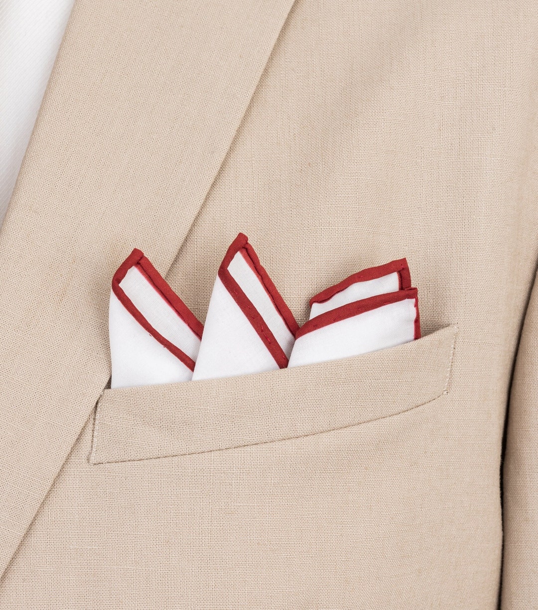 White Cotton Pocket Square With Red Hand Rolled Edge for Groom and ...