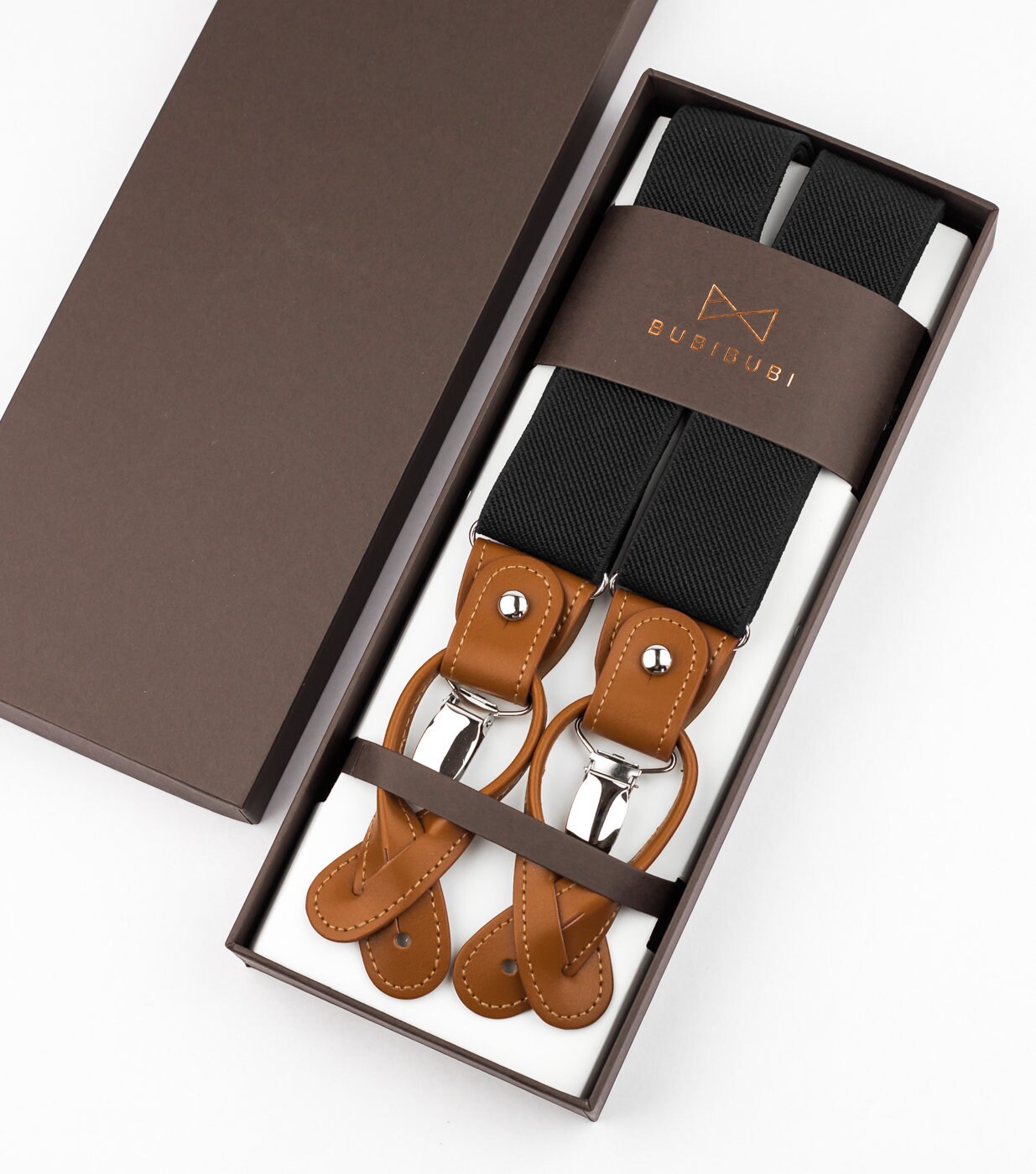 Black Suspenders for Men Brown Leather Button Tab and Clip | Etsy