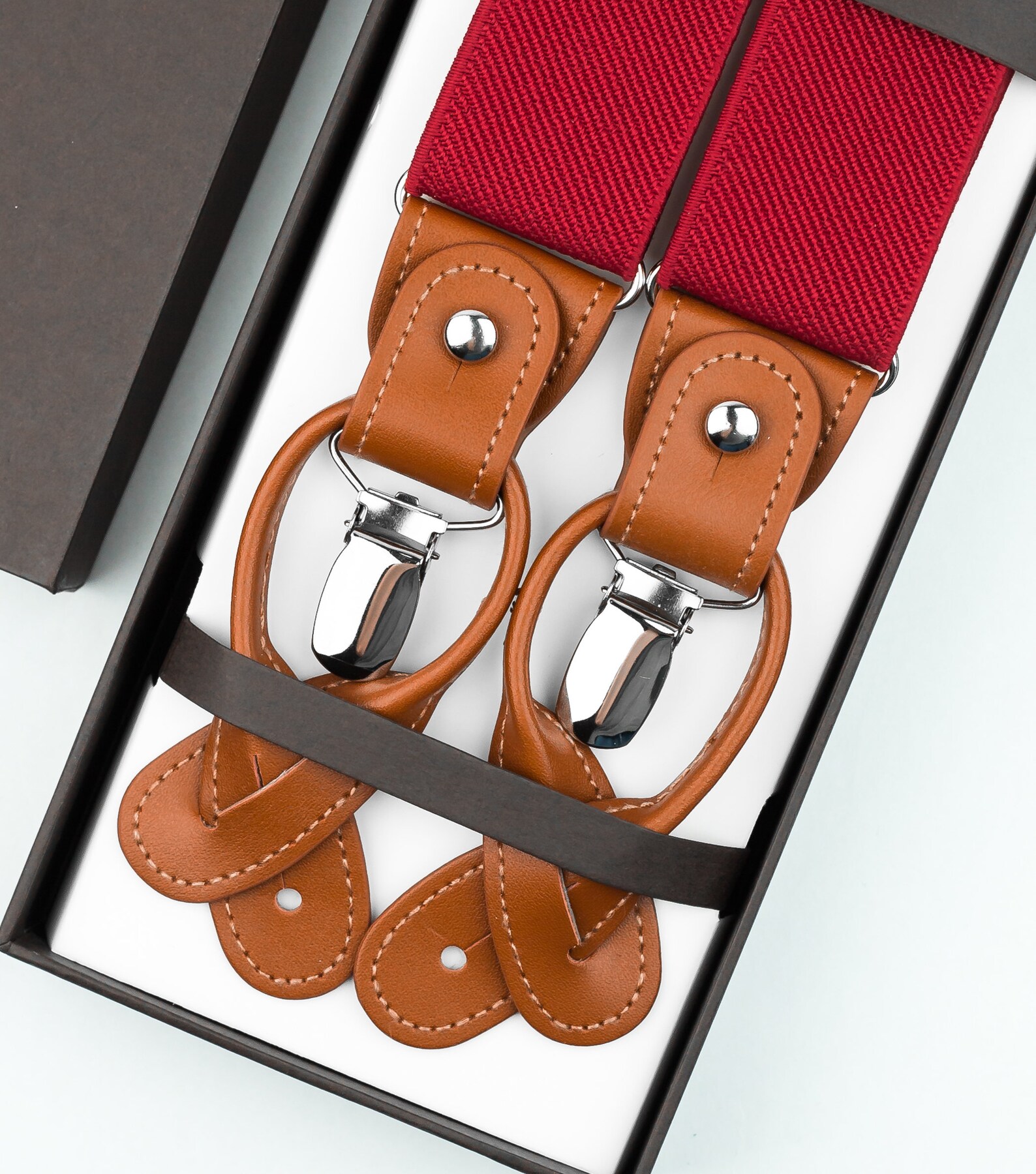 Red Suspenders for Men Brown Leather Button Tab and Clip | Etsy